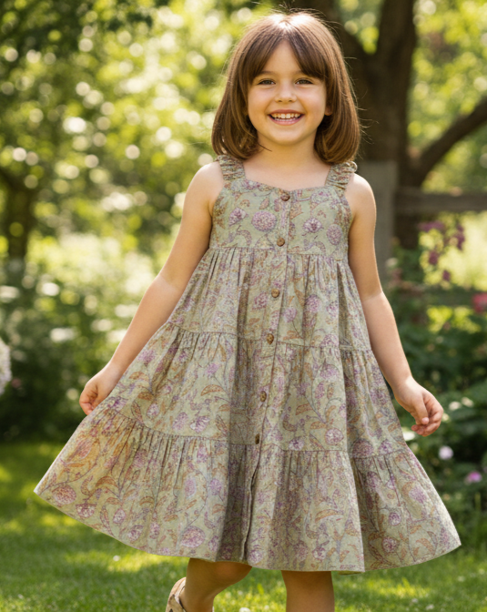 Inara Tiered Dress in Sage for Infant, Toddler & Tween – 100% Cotton w ...